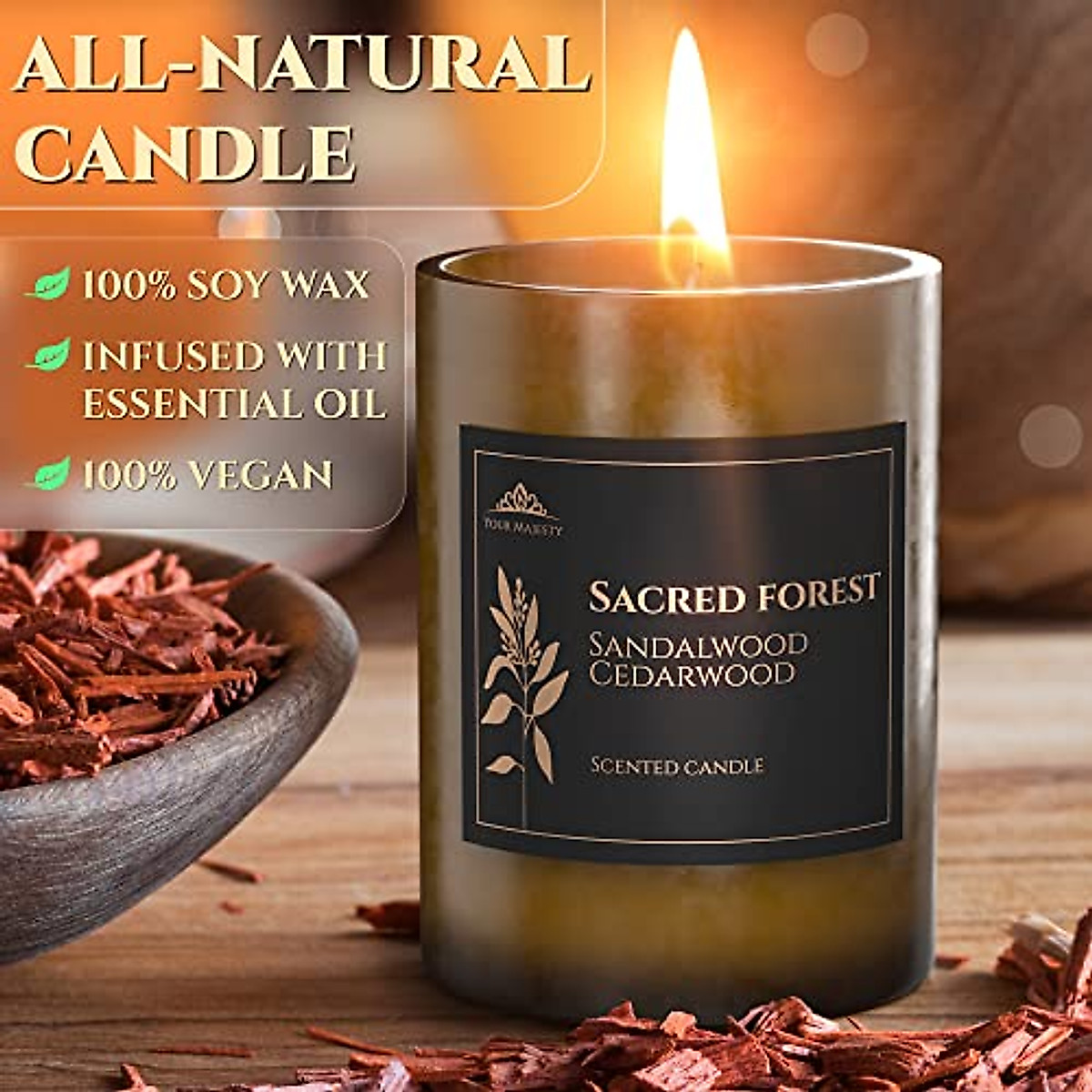 Sacred Forest Cedar & Sandalwood Candle [60H Burning Time] Natural Soy Candle Scented Infused with Essential Oils, Smokeless Aromatherapy Candle 8.81 Oz, Gift Packaging Included