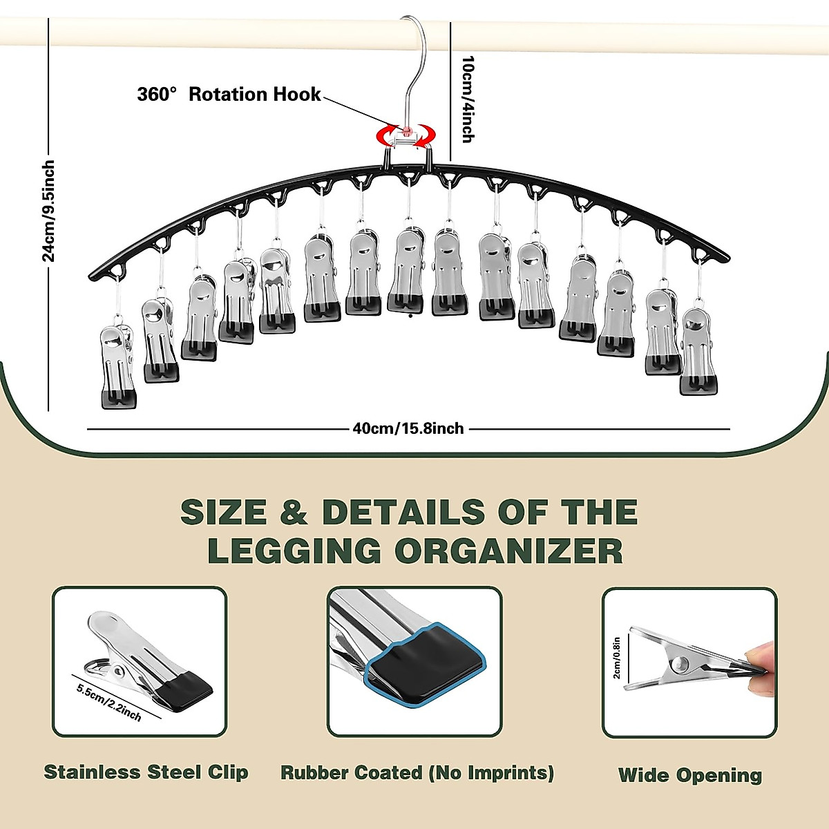 2 Pack Leggings Organizer for Closet Hanging, Pants Hangers with 15 Clips Holds 30 Shorts//Jeans/Skirts/Hats, Space Saving Racks Hanging Closet Organizers and Storage