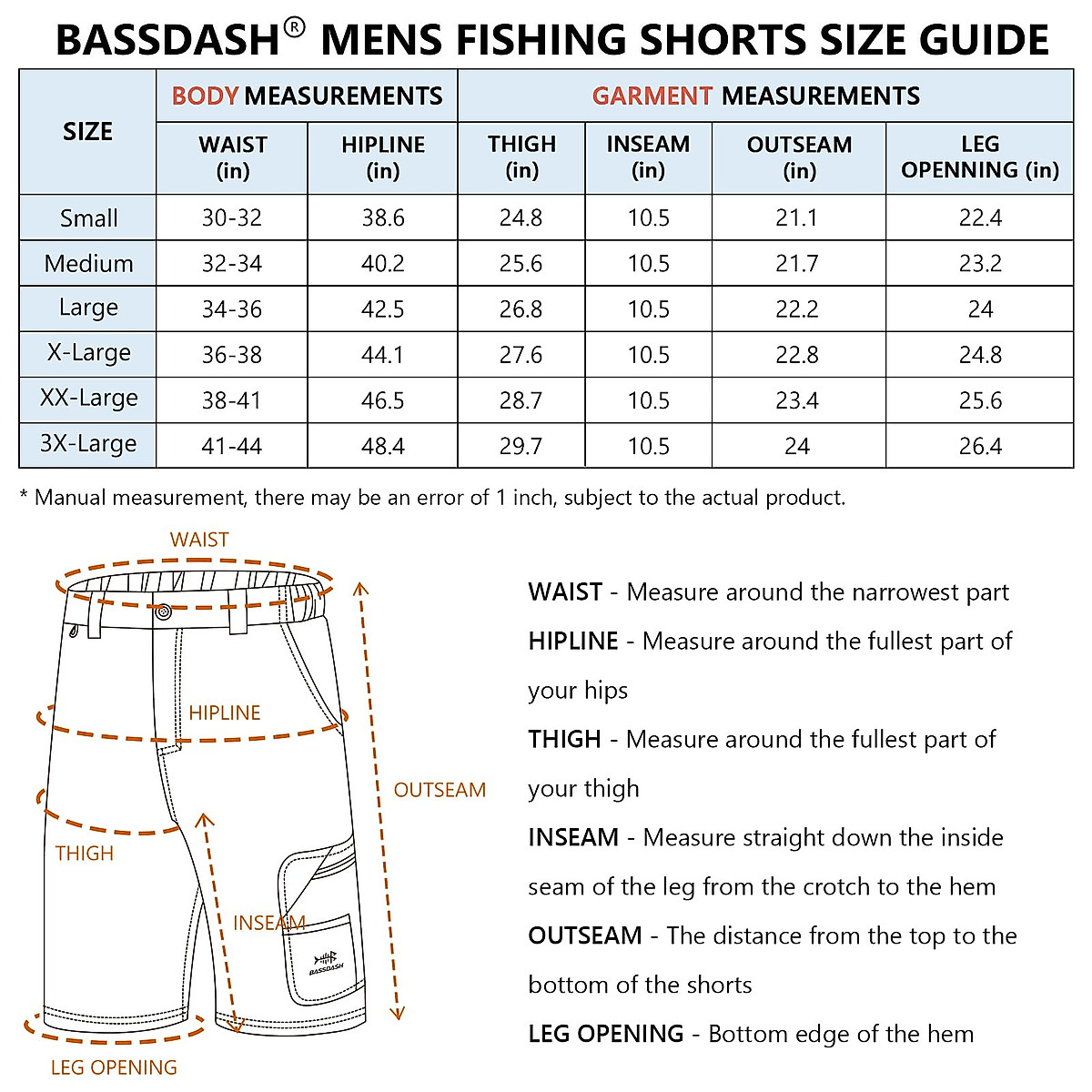 BASSDASH 10.5” Mens Fishing Cargo Shorts Quick Dry UPF 50+ Water Resistant FP01M Khaki
