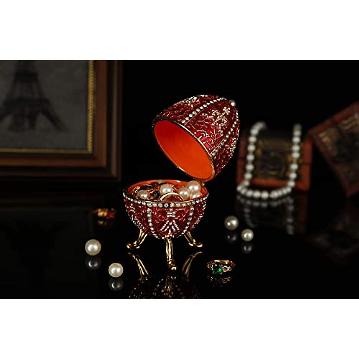 QIFU Vintage Red Faberge Egg Style Enameled Trinket Box Hinged, Unique Gift for Family(QF5825)