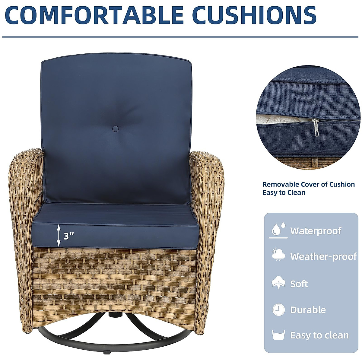 SOCIALCOMFY 3-Piece Patio Wicker Conversation Bistro Set, Rattan Gliding Rocking Swivel Chairs with Cushion and Glass Top Side Table Outdoor Furniture Sets for Garden Backyard, Navy Blue