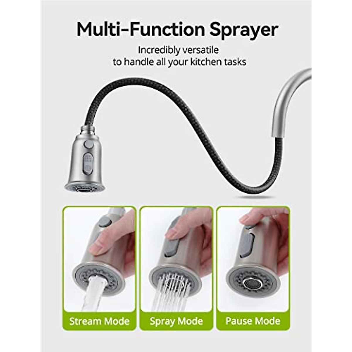 Kitchen Faucet, REXMEO Premium with 9 Min Installation Kitchen Sink Faucet with Pull Down Sprayer for Kitchen Sink, Three Mode Single-Handle High Arc Brushed Nickel Stainless Steel Faucet Space Silver