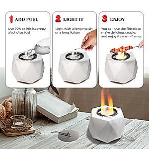 Hexagonal Concrete Tabletop Fire Pit - Indoor/Outdoor Smokeless Fire Pit with 2 Stainless Steel Chambers Burns Rubbing Alcohol, Bio Ethanol Fuels - Table Top Fire Pit Bowl/Mini Tabletop Fireplace