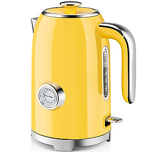 SUSTEAS Electric Kettle - 57oz Hot Tea Kettle Water Boiler with Thermometer, 1500W Fast Heating Stainless Steel Tea Pot, Cordless with LED Indicator, Auto Shut-Off & Boil Dry Protection, Retro Yellow