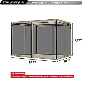 Mosquito Netting for Gazebo Canopy, Replacement Screen Walls Netting with Slip Rings, 4-Door Zipper, Easy to Install Black (Net Only) (10x10FT)