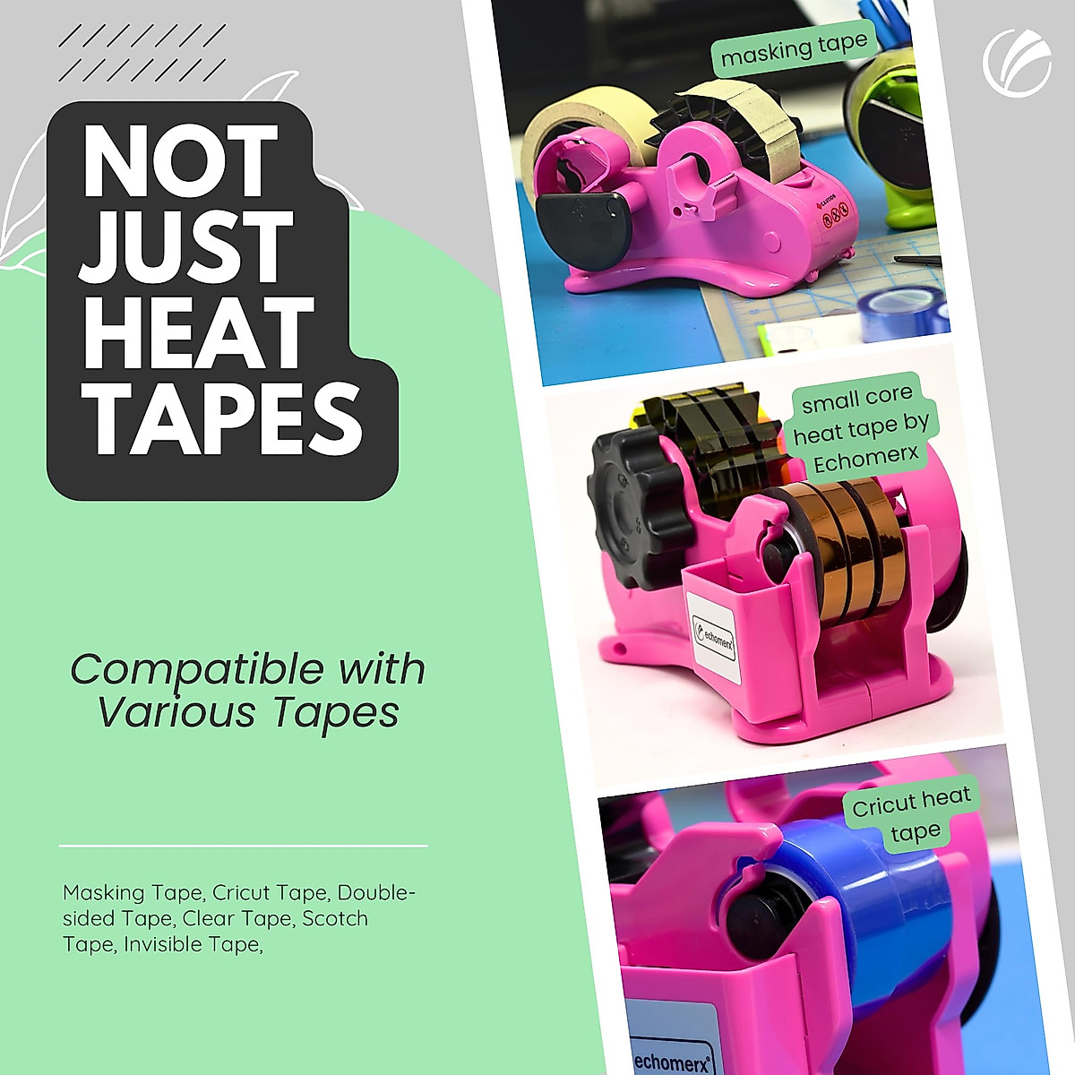 Echomerx Multi-Roll Heat Tape Dispenser Sublimation - Best Cut Heat Resistant Thermal Tape for Sublimation Transfer, Pen Holder, 1 and 3 inch Core, Optional Heat Press Tape Pack, Pink