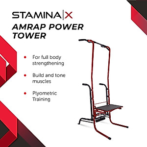 Stamina Power Tower w/Smart Workout App - Pull Up Bar Dip Station for Home Gym Strength Training Workout Equipment, Red/Black