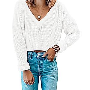MIROL Women's Waffle Knit Cropped Top V Neck Long Sleeve Pullover Sweater Casual Solid Crop Sweatshirts White