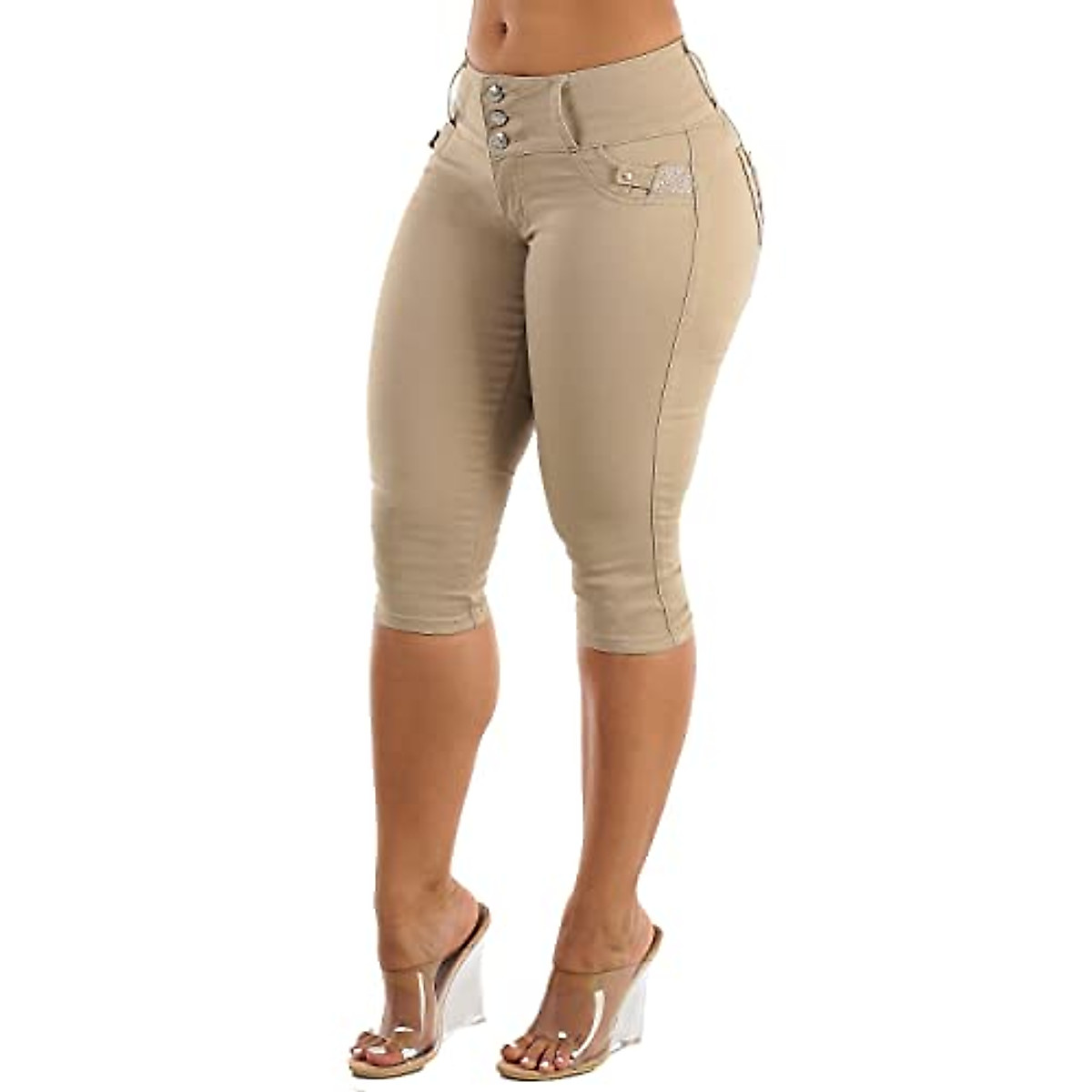 Moda Xpress Womens Juniors Khaki Butt Lifting Mid Rise Denim Capris Size 17 10003U