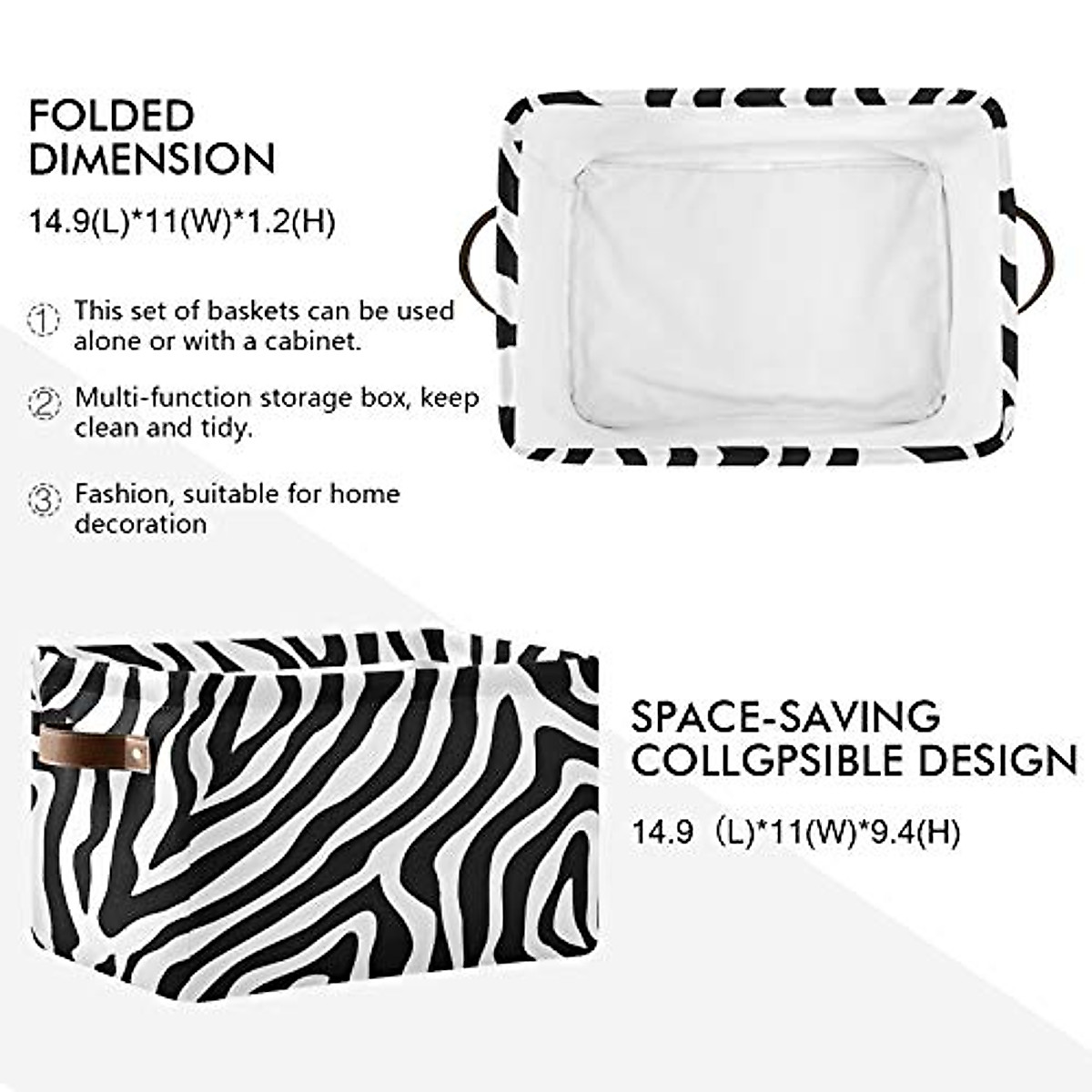 African Animal Zebra Print Storage Basket Large Foldable Storage Organizer Cubes Bins with Leather Handles Sturdy Collapsible Boxes for Shelf Cloth Toy Closet (1 Pack)