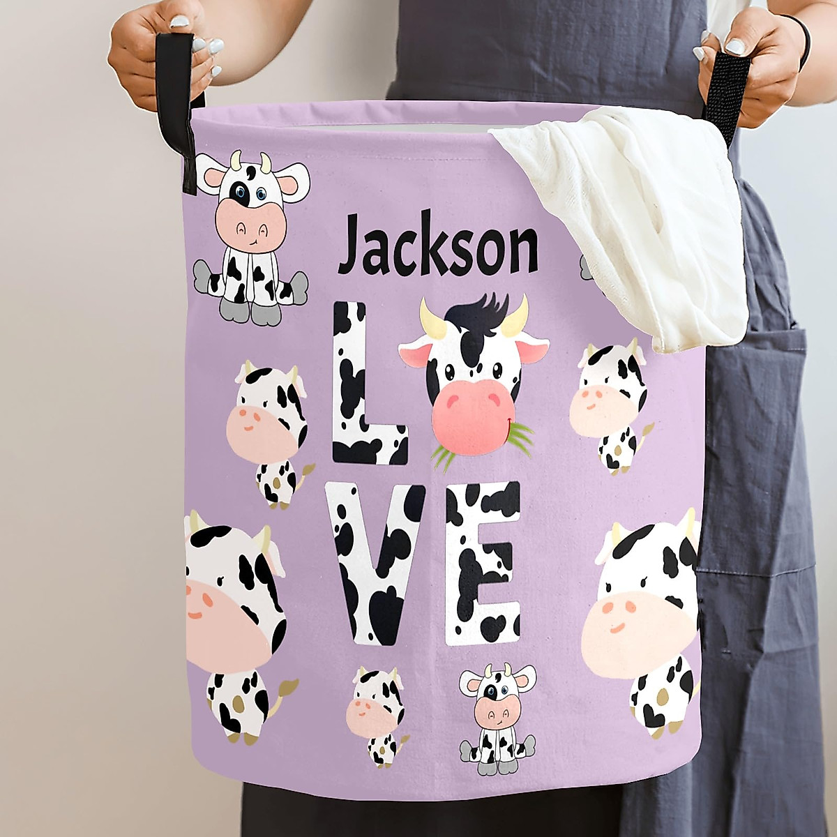 Purple Love Cow Laundry Basket Personalized with Name Laundry Hamper with Handle Organizer Storage Bin Bedroom Decor for Boys Girls Adults