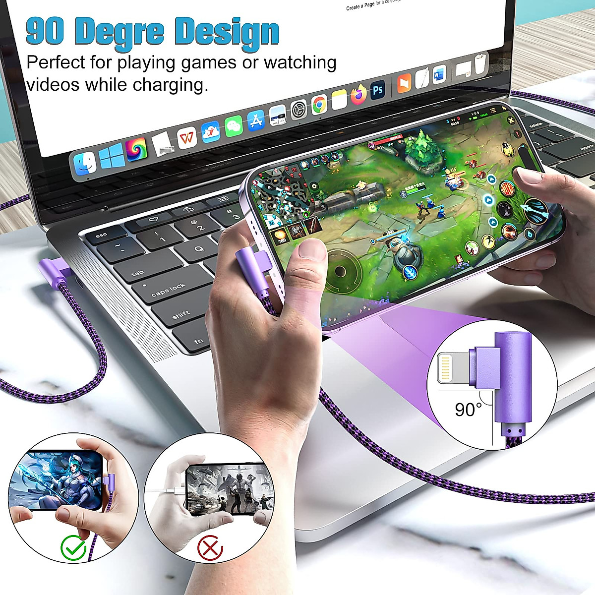 Snisre iPhone Charger 90 Degree 3 Pack [Apple MFi Certified] Nylon Braided Lightning Cable Right Angle Fast Charging Cord for iPhone 14 13 12 11 Pro/Pro Max/Mini/XS/XR/8 7 Plus, iPad (10 Foot)