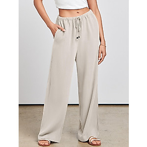 ANRABESS Women's Linen Summer Palazzo Pants Elastic Waist Casual Beach Trendy Wide Leg Trousers with Pockets Large Apricot