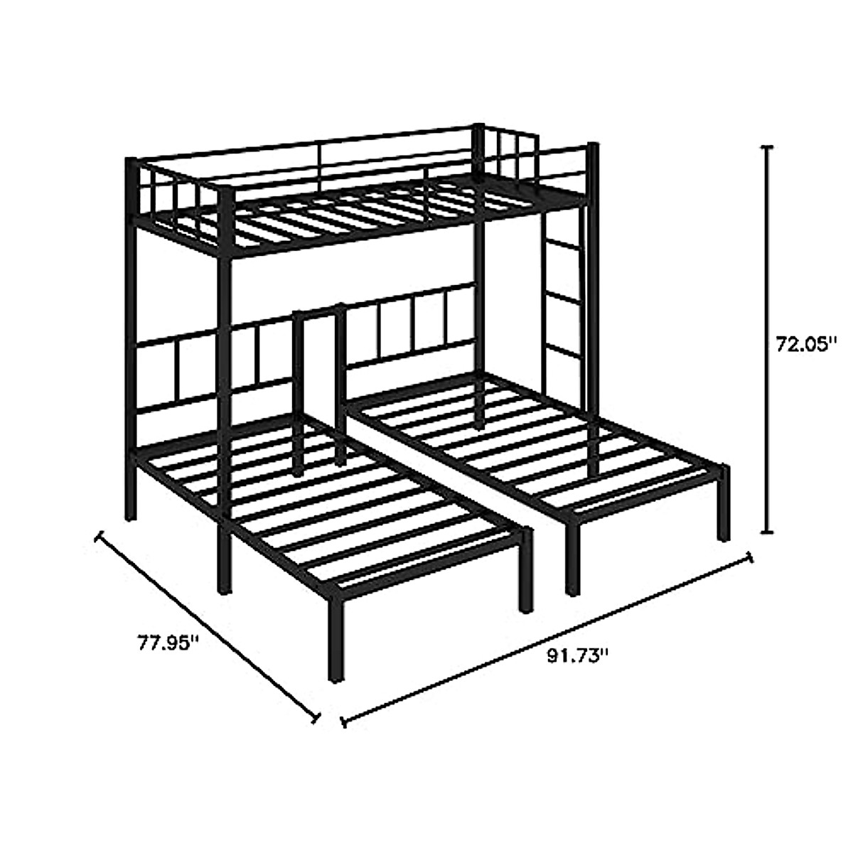 DHHU Triple Twin Bunk Bed, Metal Bunk Bed, Metal Bed Frame, Suitable for Bedroom, Apartment, Dorm, Space-Saving, Black