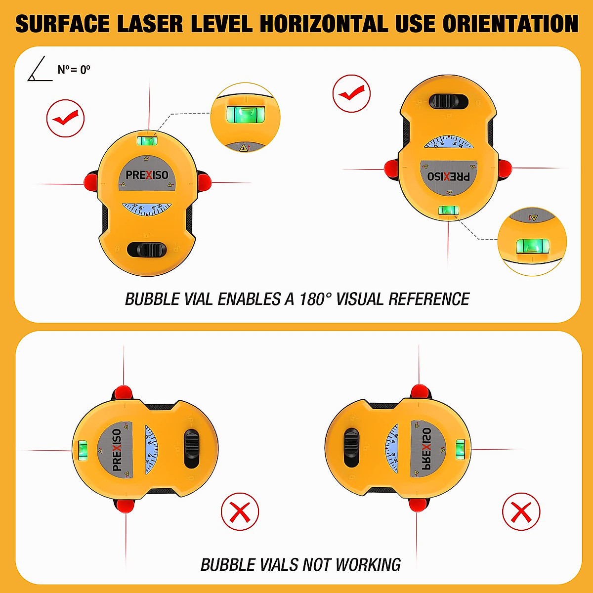 PREXISO Multi Surface Laser Level LED Light Vial, 30Ft Horizontal & Vertical Line Laser with Wall Mount Base, 2 Pins, 10 Sticker, 2 AA Batteries for Hanging Frames & Picture, Construction Wall Writing