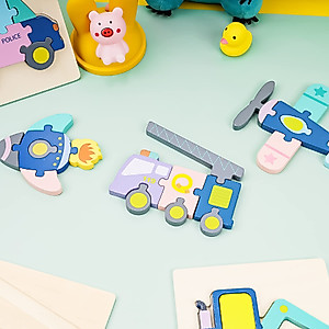 NiToy Wooden Jigsaw Puzzles for Kids, 5 Pack Vehicle Shapes Montessori Building Block Puzzle Toys for 3+ Years Old Boys and Girls Preschool STEM Early Learning Educational Games Gift for 36 Months+