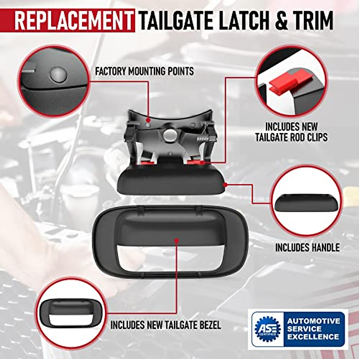 Replacement Tailgate Handle Latch and Bezel Trim with Clips - Replaces 15997911, 15228541, 15228539, 15228540 - Compatible with Chevrolet Silverado and GMC Sierra 1500, 1500HD, 2500HD, 2500, 3500