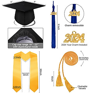 Syhood 4 Pieces 2024 Unisex Graduation Matte Gown Cap Tassel Stole Set Honor Cord 2024 Charm for Graduation(Black, Golden, 51)
