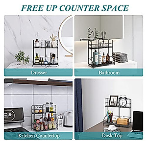 2 Tier Bathroom Organizer Countertop, SAUCE ZHAN Vanity Organizer Countertop with Shelf Liners, Spice Rack Organizer for Kitchen, Counter Storage Shelf for Bathroom Counter, Bedroom, Black
