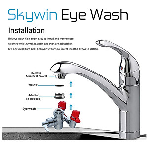 Skywin Eye Wash Kit - Faucet Mounted Emergency Eye Wash Station Sink Attachment -1x Continuous Flow Eyewash Station,3X Common Sink Adapter,2X Inspection Tag,1x Emergency Eye Wash Station Sign