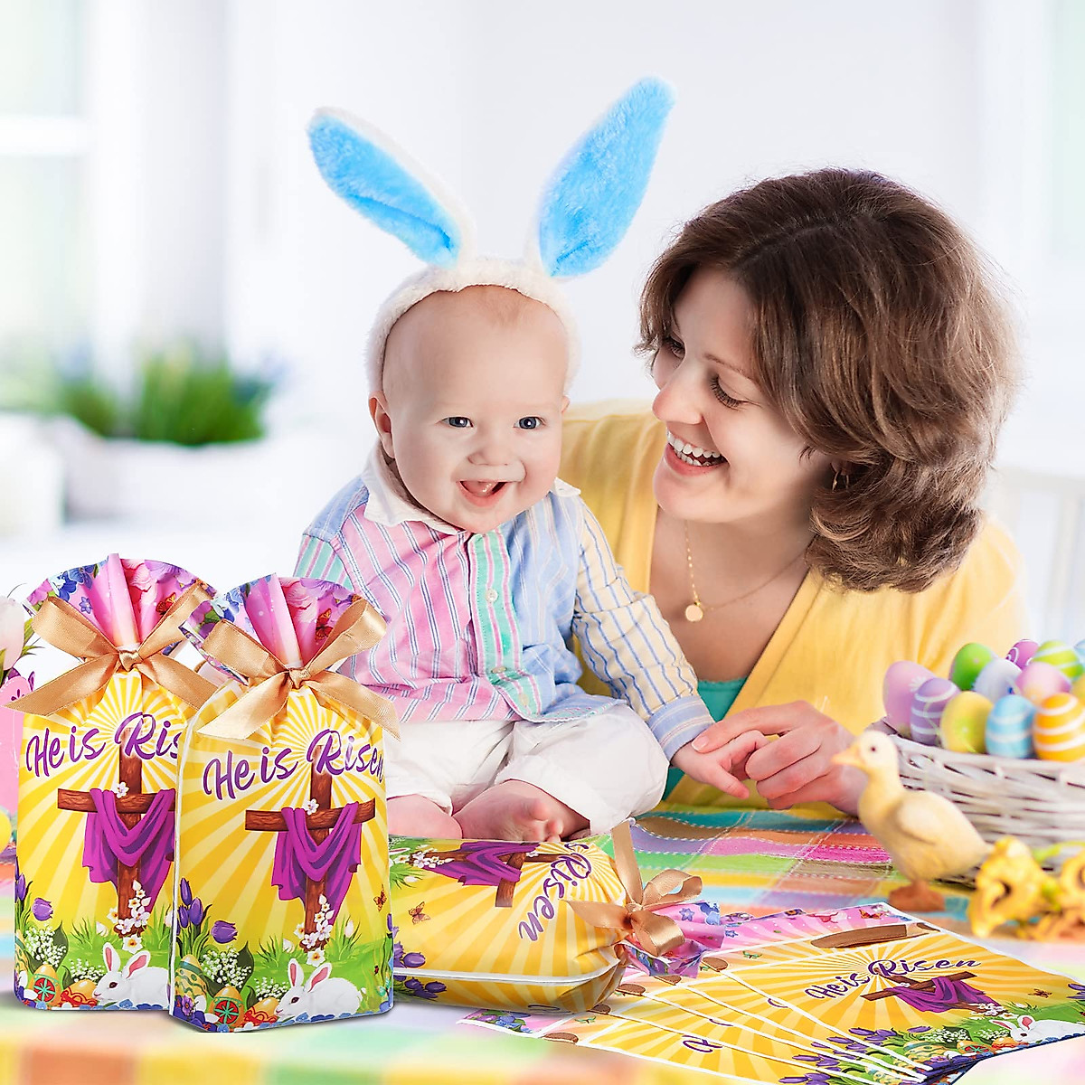 50 Pieces Easter Drawstring Gift Bags Plastic Easter Treat Bags Easter Wrapping Bag Inspiring He is Risen Sign Treat Candy Bags Easter Cookie Bags Goody Bags for Easter Theme Bible School Party Favor