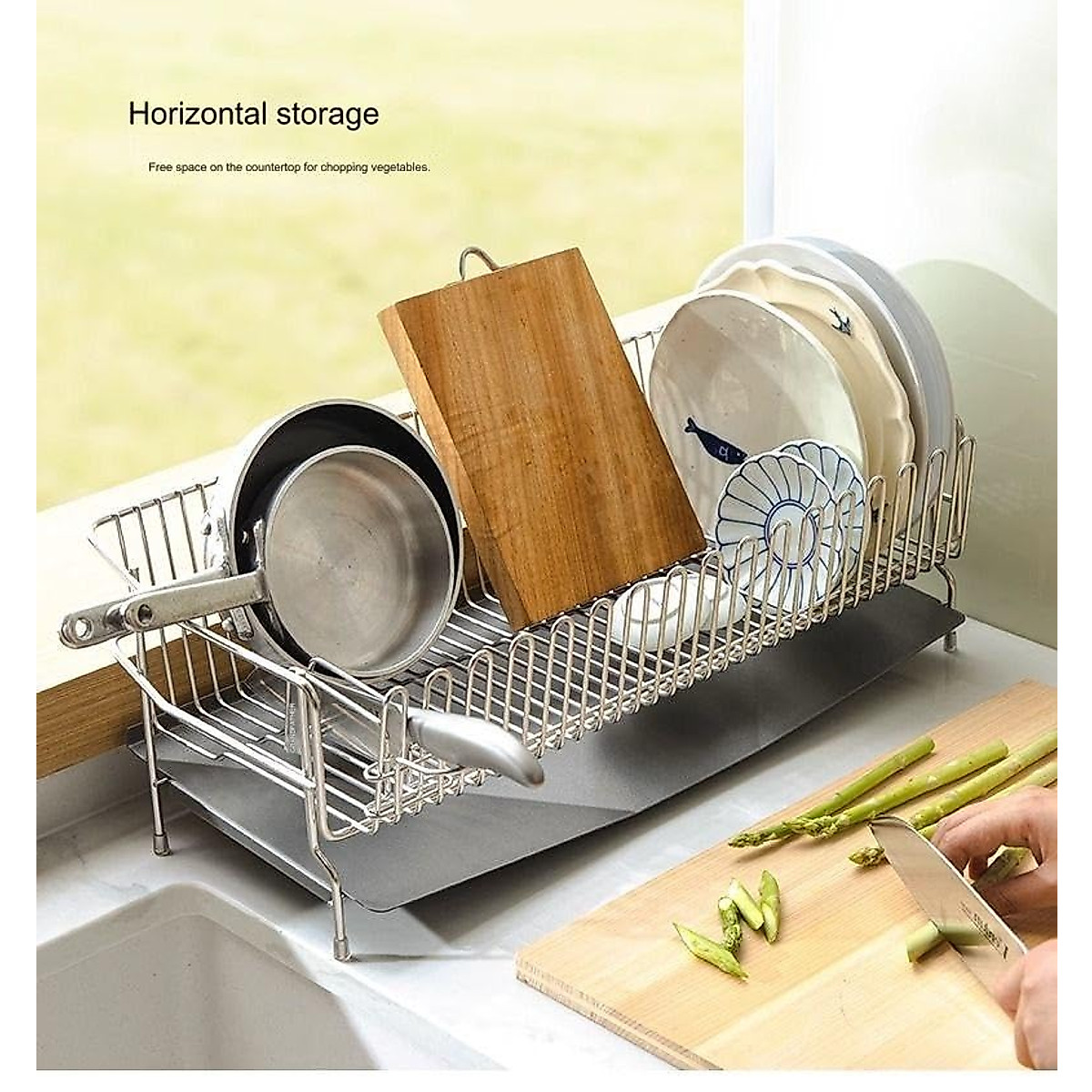 Dish Drying Rack 304 Stainless Steel Dish Rack with Drainboard Drainage, Utensil Holder for Various Kitchenware,Comes with chopstick holder Multifunctional Dish Rack for Kitchen Counter,Cup Holder,(St