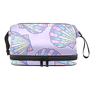 Double Layer Cosmetic Bag Travel Makeup Organizer with Brush Compartment, Roomy Toiletry Bag Makeup Brush Bags for Women and Girls - Beautiful Rainbow Peal Shell