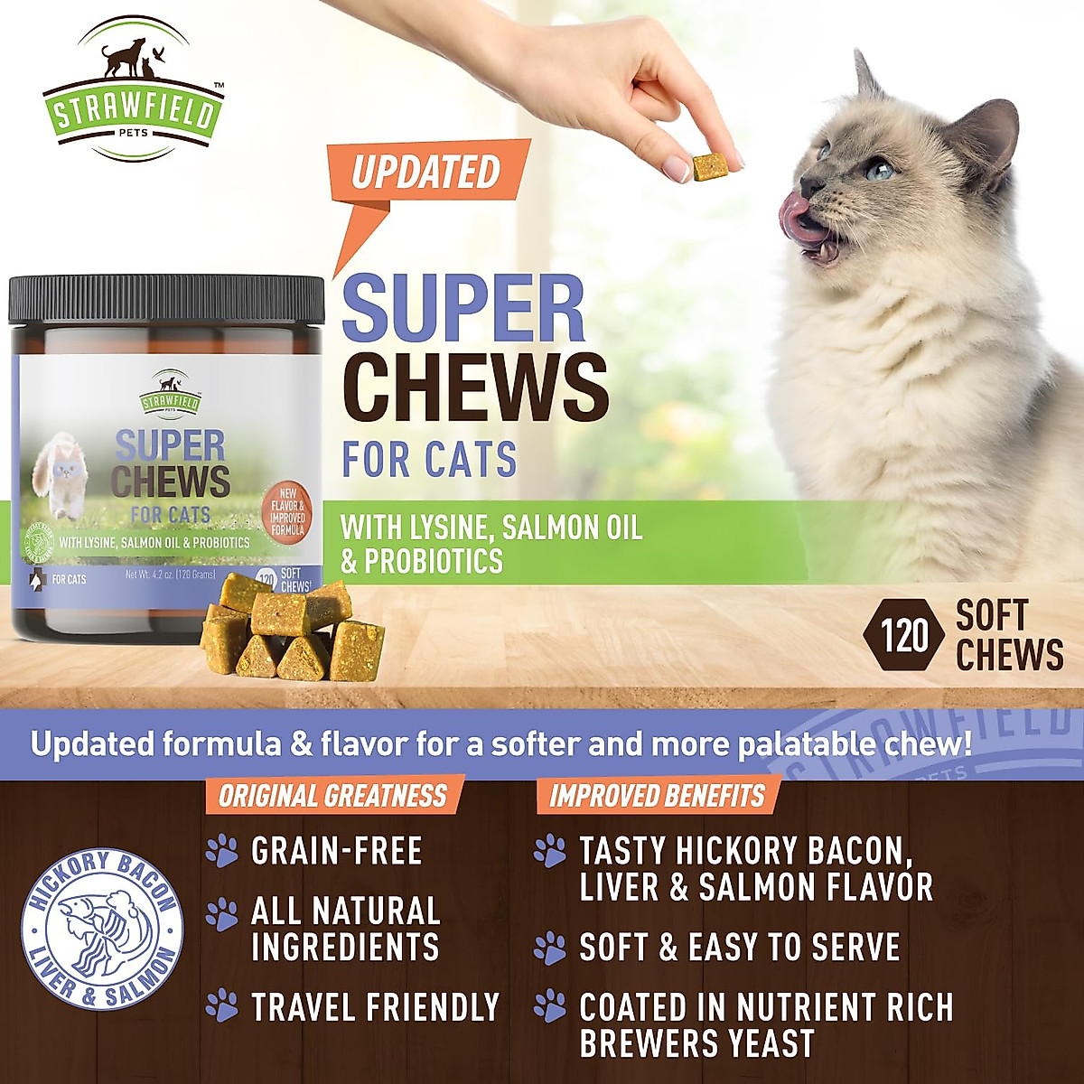 Strawfield Pets Super Chews for Cats - Lysine, Probiotics, Omega 3 Fish Oil (Salmon Oil), Catnip - Supports Immune, Gut, Skin & Joint Health - 120 Hickory Bacon Salmon & Liver Flavored Softchews