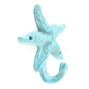 Cast Iron Starfish Bathroom Door Towel Hanger Nautical Key Towel Coat Hook Blue 3 1/2 inches wide Handmade Wall Artisan Art Vintage Decor For Home