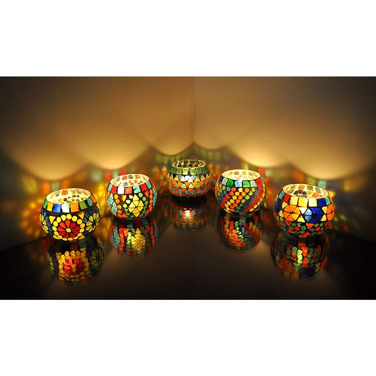 Lalhaveli Wedding Home Garden Decoration Night Lighting Mosaic Glass Votive Tea Light Candle Holder Set of 5 Pcs (3X3 Inch)