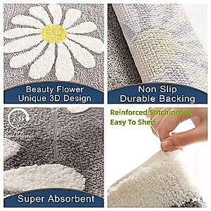 Bathroom Rugs Cute Daisy Bath Mat White and Yellow Flower Decor Rug Non Slip Floor Carpet Microfiber Bathmat Super Absorbent Machine Washable Bahtub Mats for Shower, Tub, Bedroom 16"x 24"Grey
