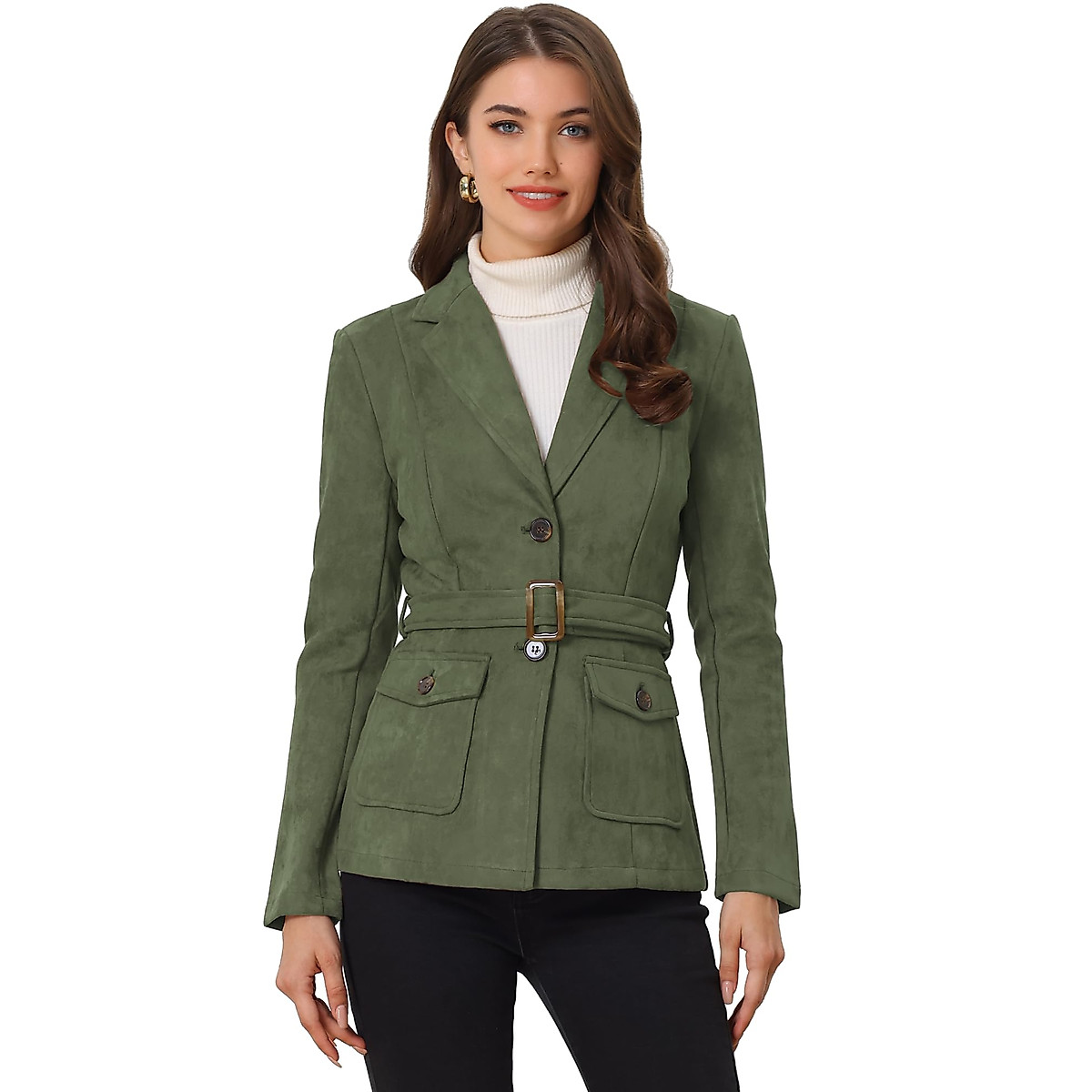 Allegra K Women's Faux Suede Blazer Belted Lapel Outwear Single Breasted Work Jacket Medium Army Green