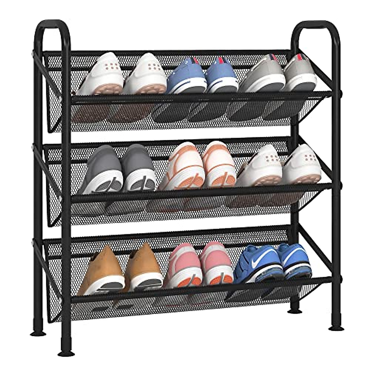 FKUO 3 Tier Shoe rack for closet Mesh fabric narrow Metal shoe racks, Small Shoe Storage Organizer Shelf for Entryway, Hallway, Dorm Room (Black, 3 Tier)