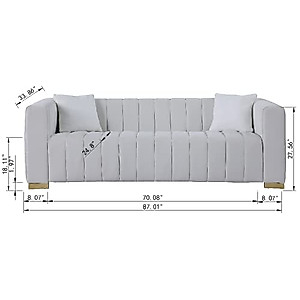 i-POOK 87" Chesterfield Sofa, Modern Velvet Channel Tufted Upholstered Sofa Couch with 2 Toss Pillows and Armrest 3 Seater Sofa with Metal Legs Accent Sofa for Living Room Office Apartment, White