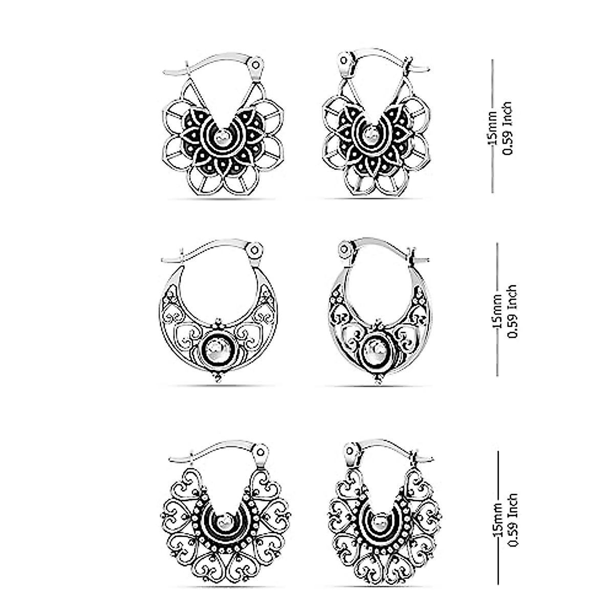 LeCalla 925 Sterling Silver Hoop Earrings Set of 3 Pair Hypoallergenic Antique Small Filigree Hoop Earrings for Women Teen and Men 15MM