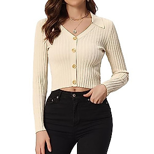 Allegra K V Neck Crop Knit Sweater Tops for Women's Ribbed Casual Long Sleeve Solid Top Medium Beige