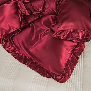 3 Pieces Satin Duvet Cover Silky Red Bedding Set Luxury Satin Lace Ruffled Fringed Super Smooth Soft Silk Like Microfiber Burgundy Red Duvet Cover Set Queen with 2 Pillowcases