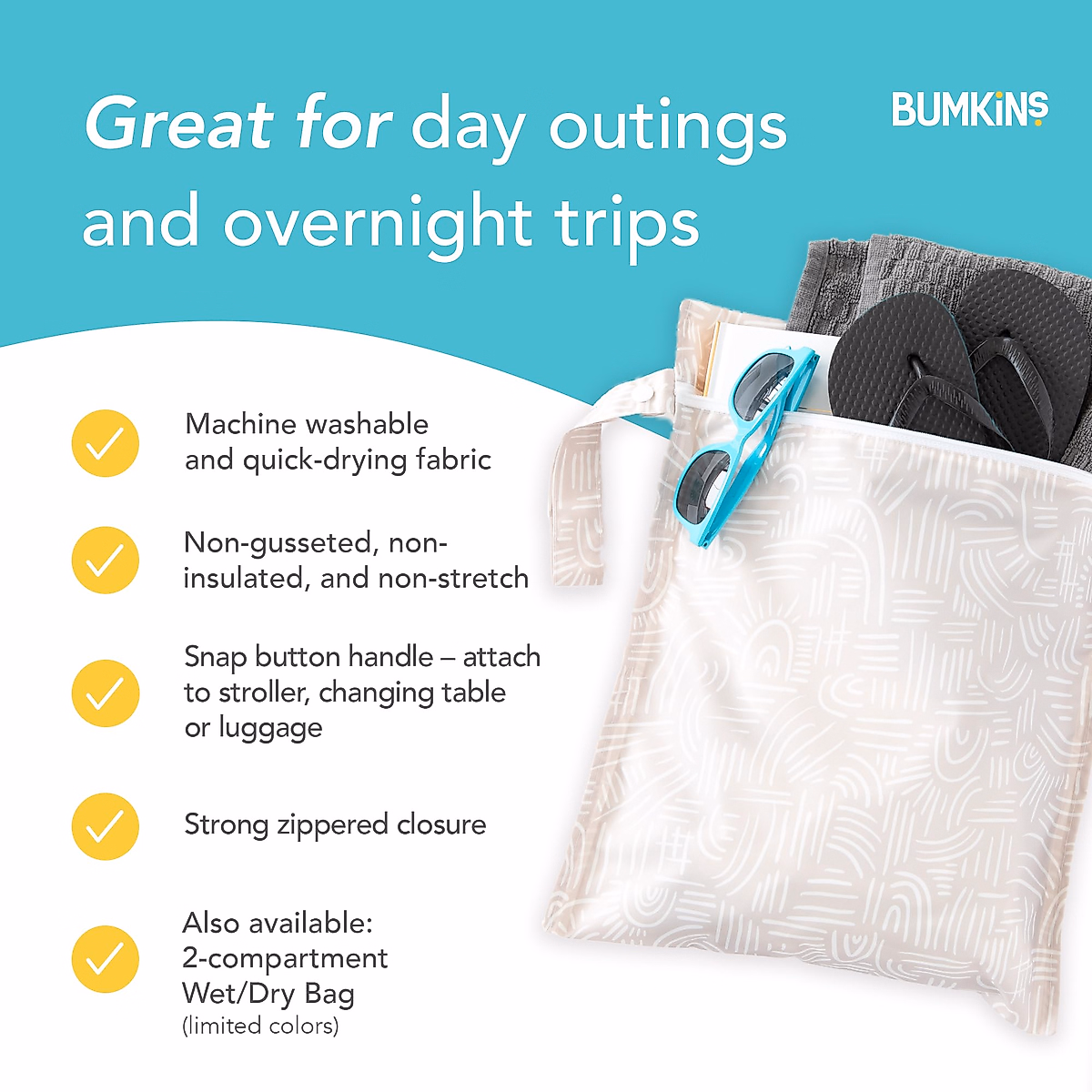 Bumkins Waterproof Wet Bag for Baby, Travel, Swim Suit, Cloth Diapers, Pump Parts, Pool, Gym Clothes, Toiletry, Strap to Stroller, Daycare, Zipper Reusable Bag, Wetdry Packing Pouch, Boho Beige