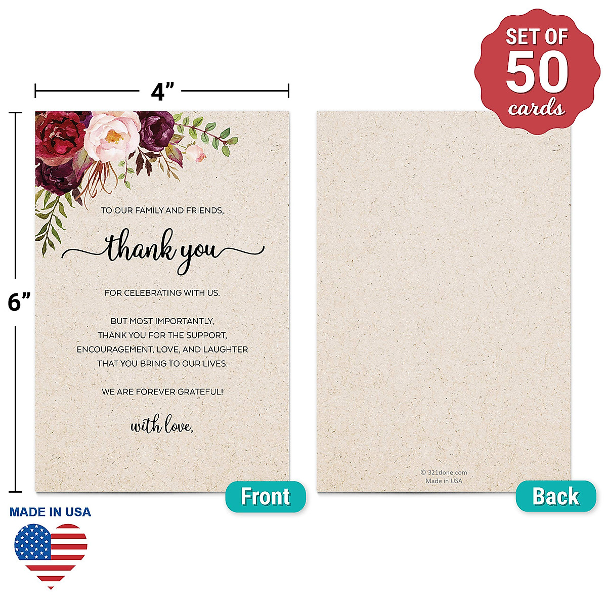 321Done Thank You Table Place Setting Cards (Set of 50) Large 4x6 with Love, Wedding, Party, Retirement, Graduation, Birthday, Shower, Baby Bridal - Made in USA - Watercolor Red Roses Floral Tan