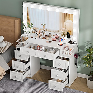 FURNJOYLIFE Farmhouse Makeup Vanity Desk with Lighted Mirror & Power Outlet, Vanity Dresser Table with 3 Lighting Modes Brightness Adjustable,7 Drawer,2 Shelves,Hair Dryer Stand for Bedroom,White