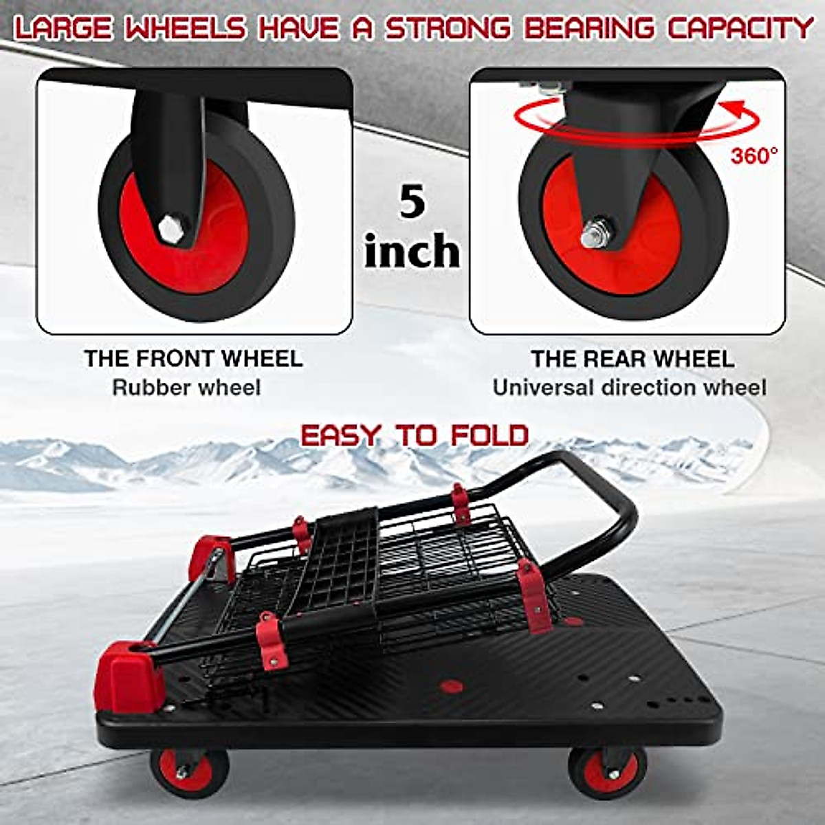 Platform Truck Cart with Cage, Foldable Push Cart Dolly 880lb Capacity w/ 5'' TPR 360 Degree Swivel Wheels, Heavy Duty Moving Portable Hand Trucks for Warehouse, Groceries, Garage