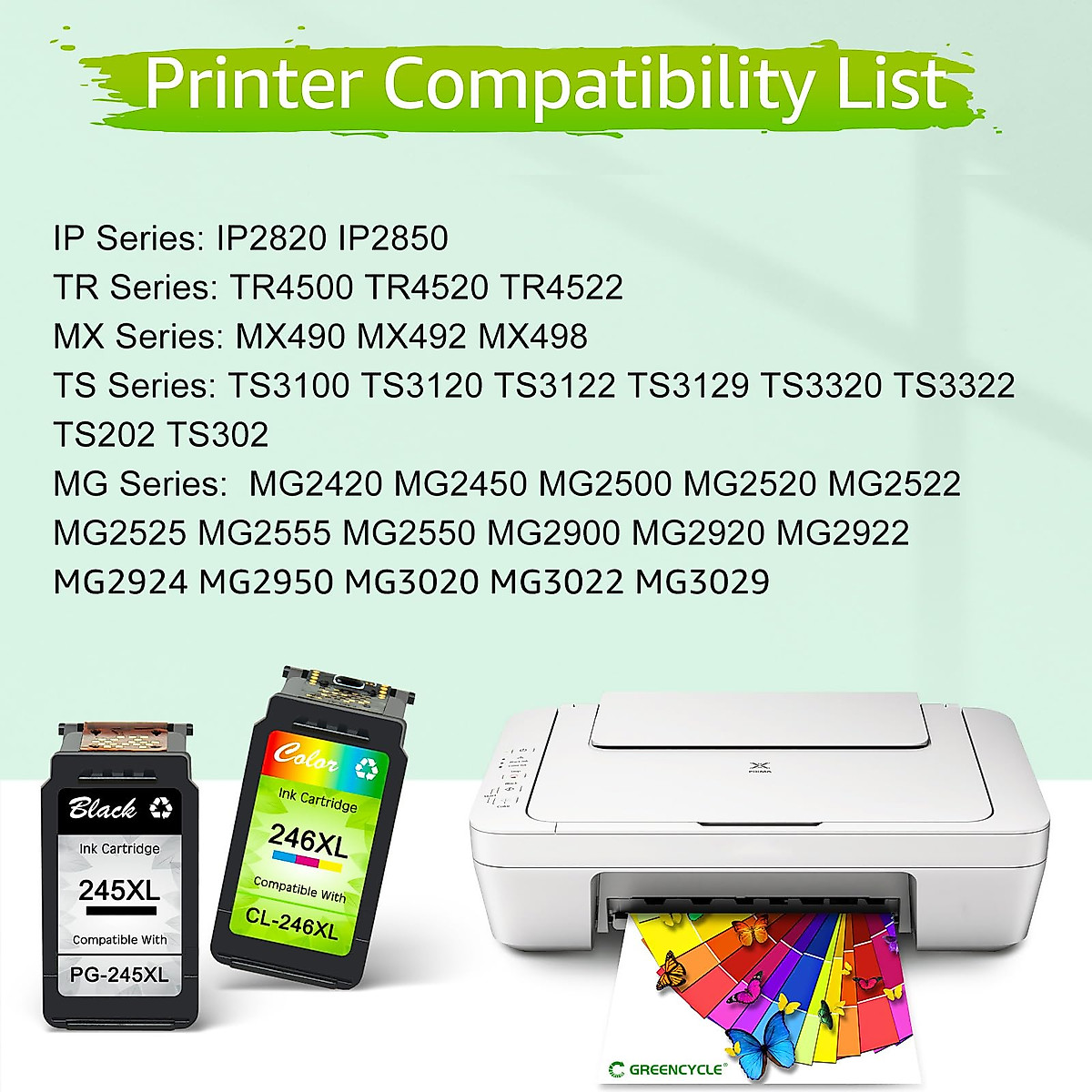 greencycle Re-Manufactured PG-245XL 245 XL CL-246XL CL-246 Ink Cartridge Compatible for Canon Pixma MX490 MX492 IP2820 MG2420 MG2520 MG2522 MG2525 MG3022 TS302 (Black, 2 Pack; Tri-Color, 1 Pack)