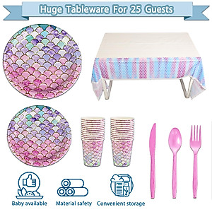 UJoyant 299 Pcs Mermaid Birthday Decorations, Mermaid Party Decorations Kit - Disposable Dinnerware Set with 25 Guests, Backdrop, Balloon, Banner, Tablecloth, Knives, Forks, Spoons, CakeTopper