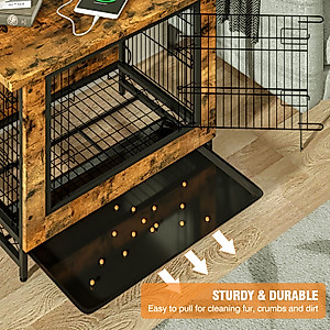 WASAGUN Wood Dog Kennel End Table with Pull-Out Tray, Power Outlets - For Small & Medium Dogs up to 30 lb, Brown