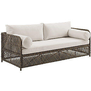 Crosley Furniture Granite Bay Wicker Outdoor Sofa, 3-Person Patio Couch for Porch, Deck, Backyard, Stone with Crème Cushions