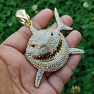 BLINGFACTORY Iced Hip Hop Style Large Shark Bling Lab Diamond Charm Pendant (GOLD)