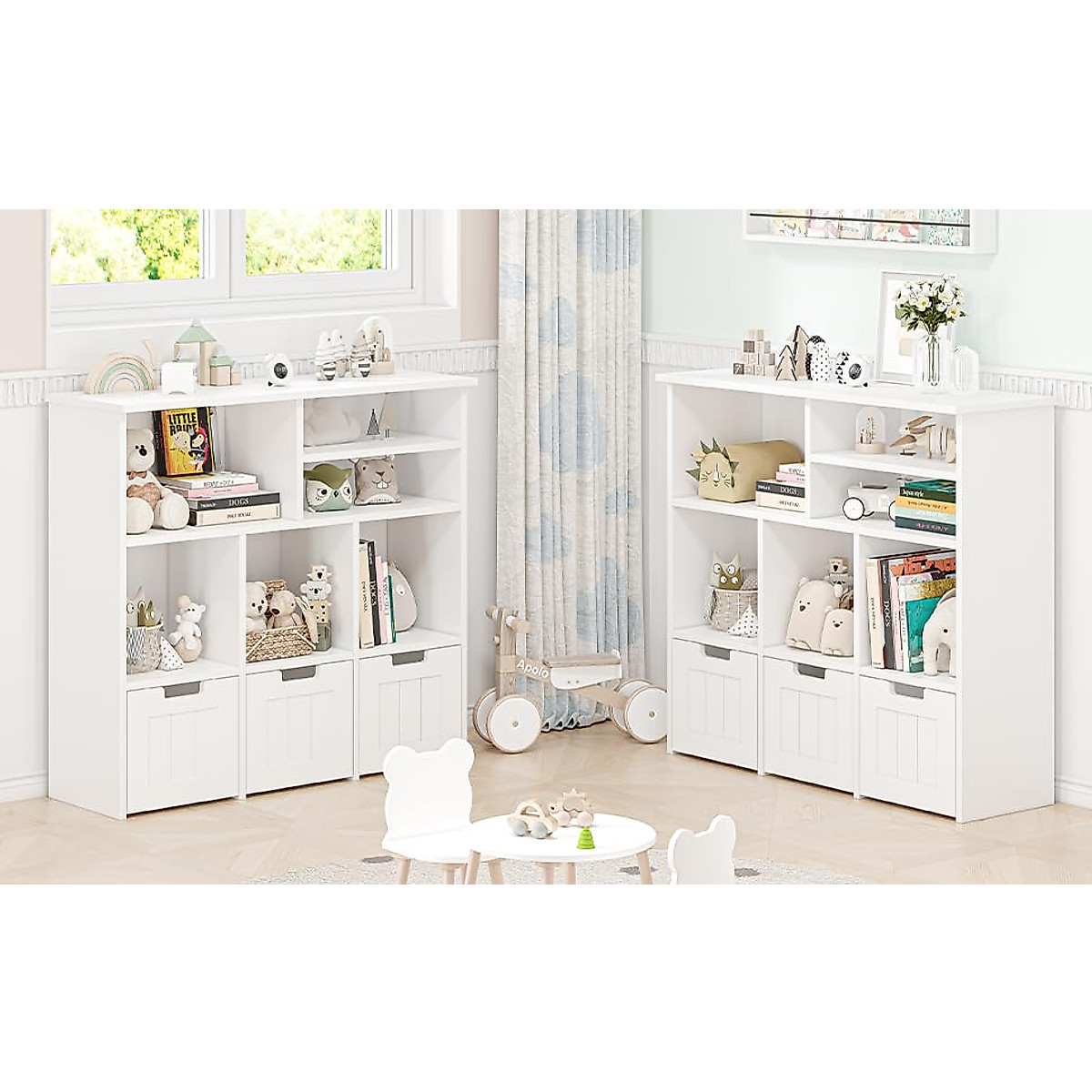 Knowfunn Toy Storage Cabinet with 3 Movable Drawers & 6 Cubes, Children's Toy Shelf Kids Bookshelf with Hidden Wheels, Kids Bookcase Toy Storage Organizer for Bedroom & Playroom & Nursery (White)