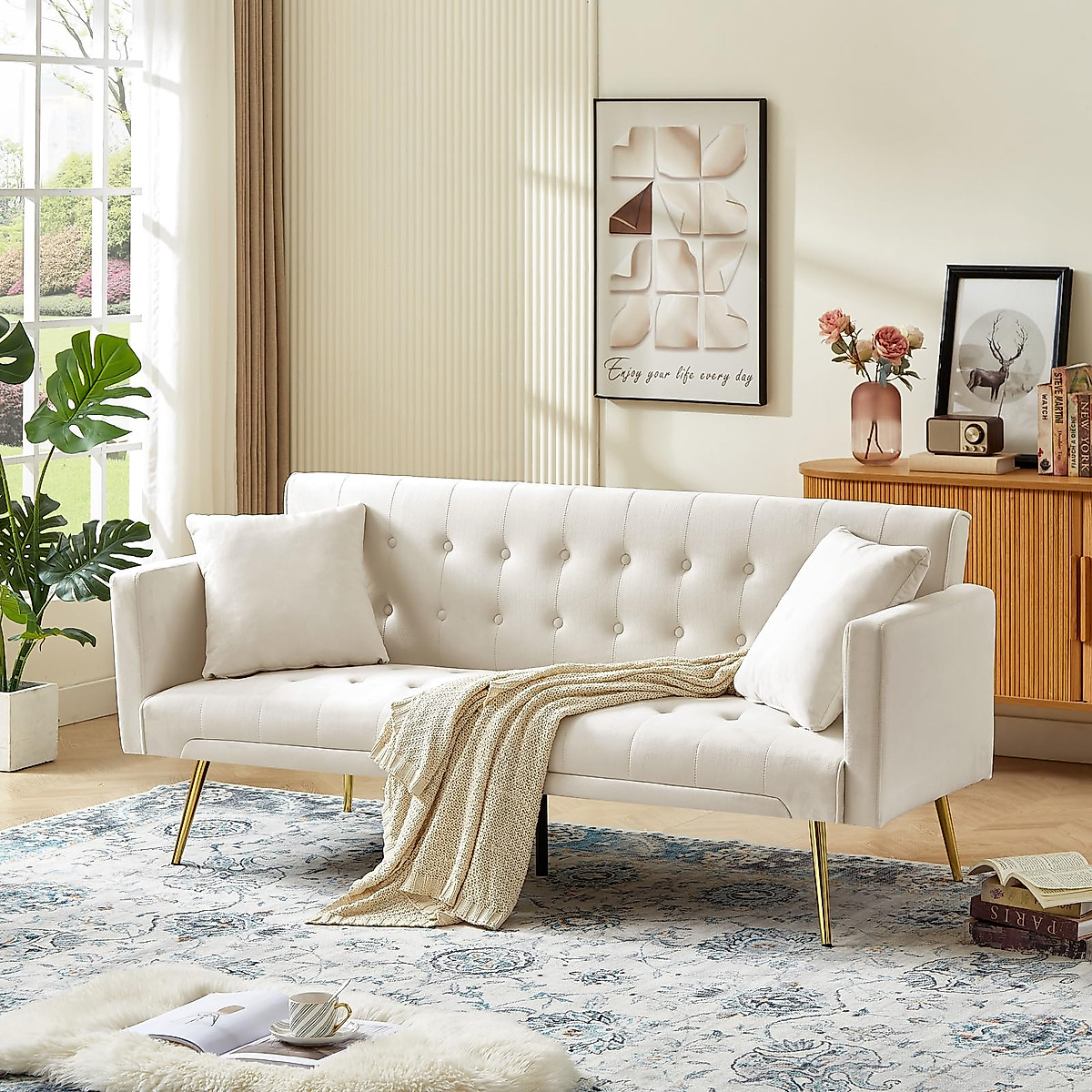 AnwickNomo Modern Velvet Futon Sofa Bed with 4 Golden Metal Legs and 2 Pillows, Convertible 3 Adjustable Loveseat Couch for Living Room Home Office Bedroom (Beige)