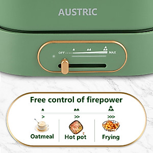 Austric 2 In 1 Electric Shabu Shabu Pot 3.5L with Removable Grill Pan, Non-Srick Electric Hot Pot with Slide Power Control, Multi Cooker with Tempered Glass Lid for Frying,Grilling,BBQ | (Green)