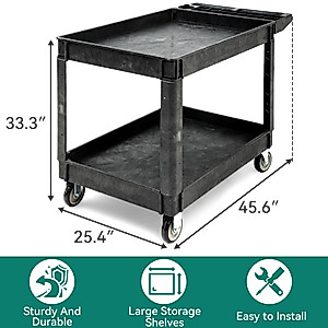 YITAHOME Utility Cart on Wheels, 550 lbs Capacity, 45 x 25 Inch Rolling Work Carts with Wheels, 2 Shelf Heavy Duty Plastic Service Cart Suitable for Warehouse, Garage, School & Office, Cleaning, Black